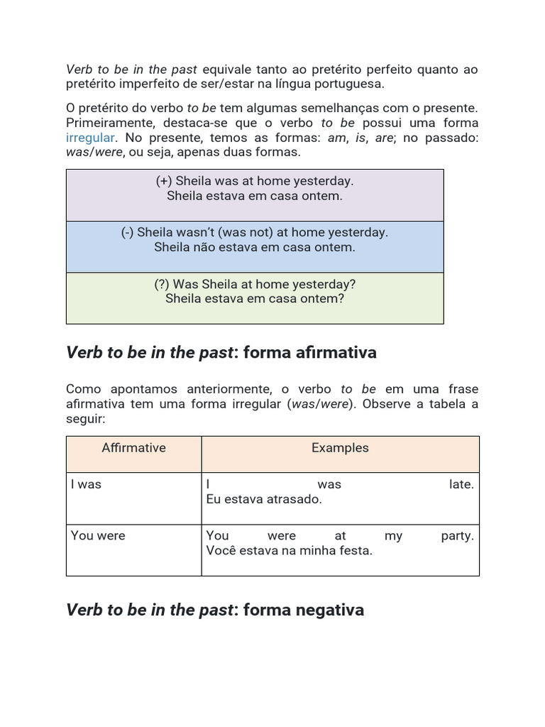 Verb To Be in The Past Equivale Tanto Ao Pretérito Perfeito Quanto Ao ...
