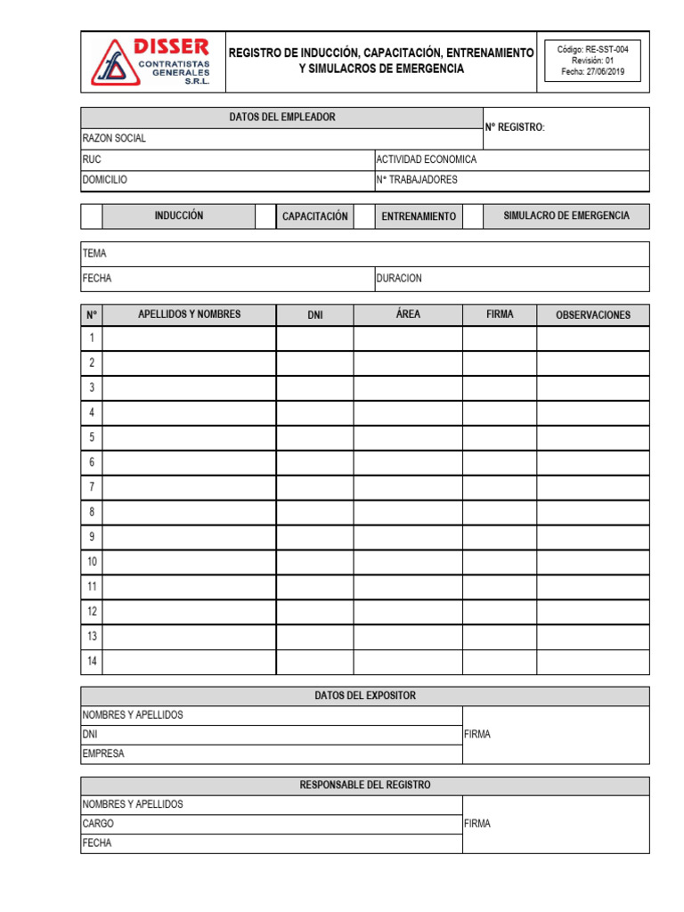 RE-SST-004 Registro de Inducción, Capacitación, Entrenamiento y Simulacro | PDF