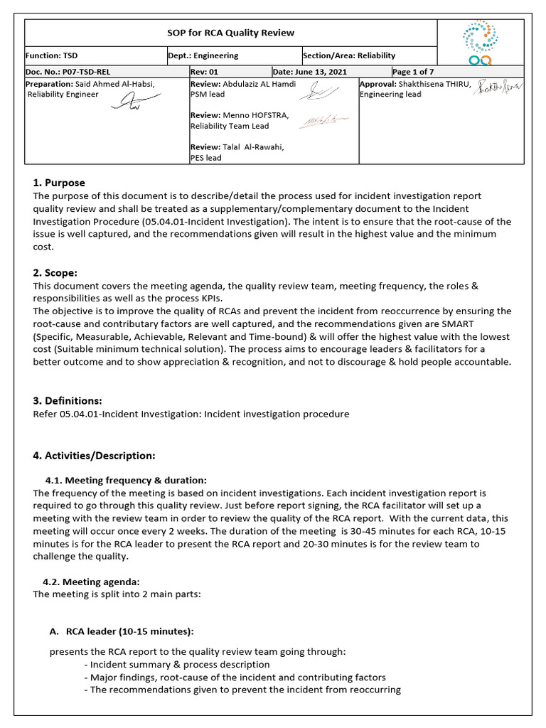 Signed - SOP For RCA Quality Review | PDF | Reliability Engineering | Business