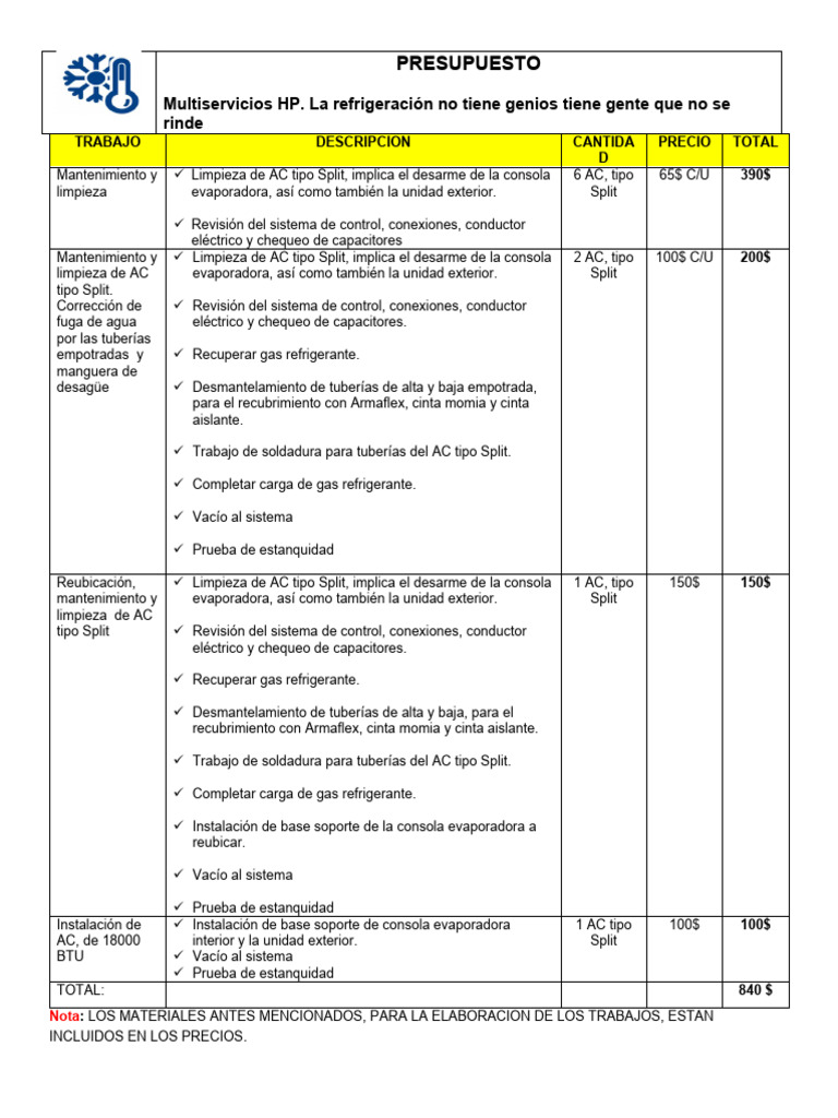 Servicios de Mantenimiento y Reubicación de AC | PDF | Bienes manufacturados | Materiales