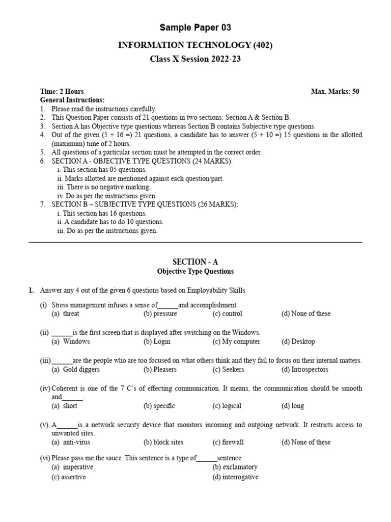 Information Technology Exclusive Sample Papers | PDF | Worksheet ...