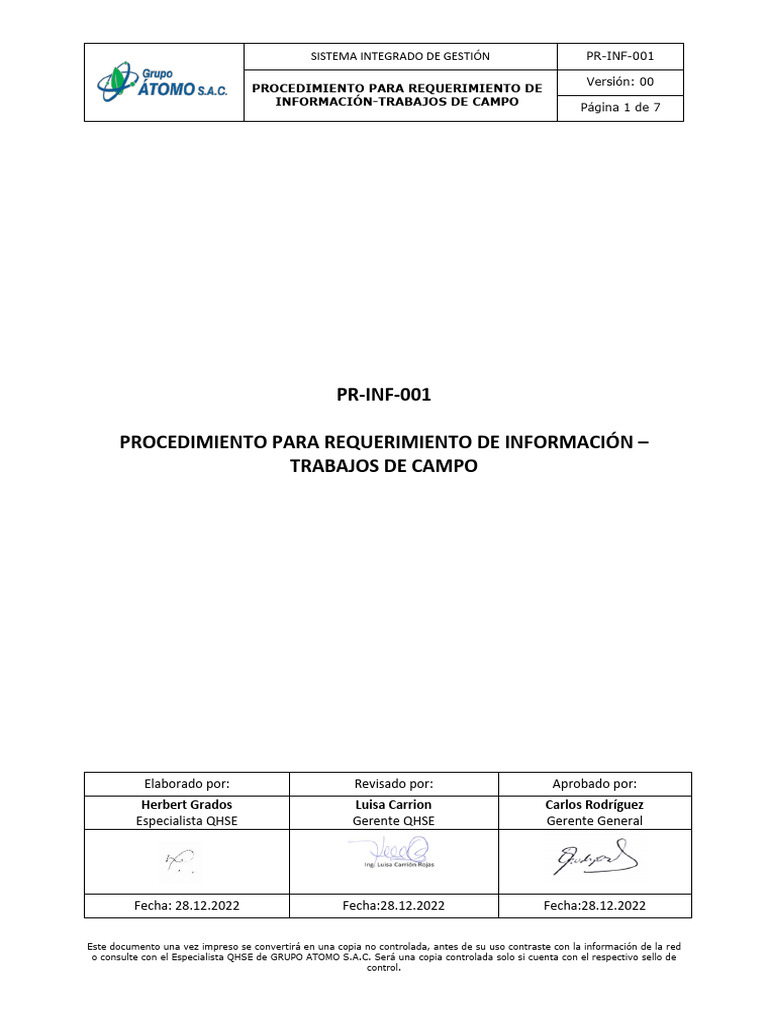 Pr-Inf-001 Procedimiento para Trabajos de Campo | PDF | Riesgo