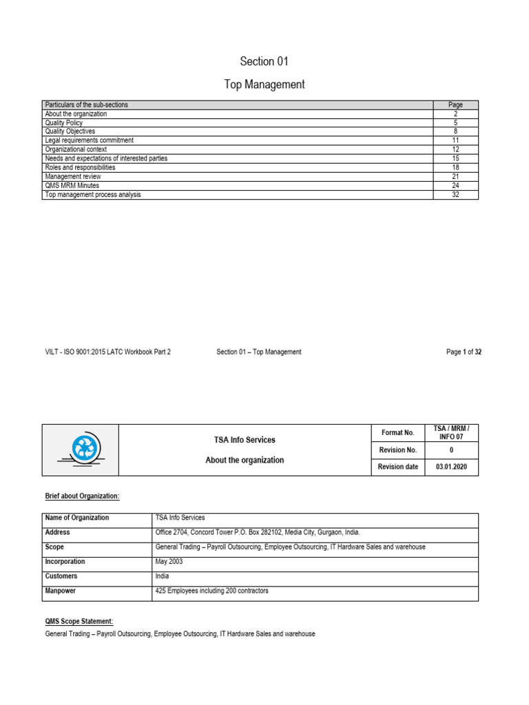 TSA Info Services QMS - Section 01 - Top Management | PDF | Quality Management System | Iso 9000