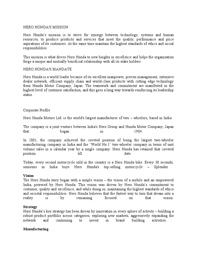 Hero Honda Company Profile | PDF | Motorcycle | Honda