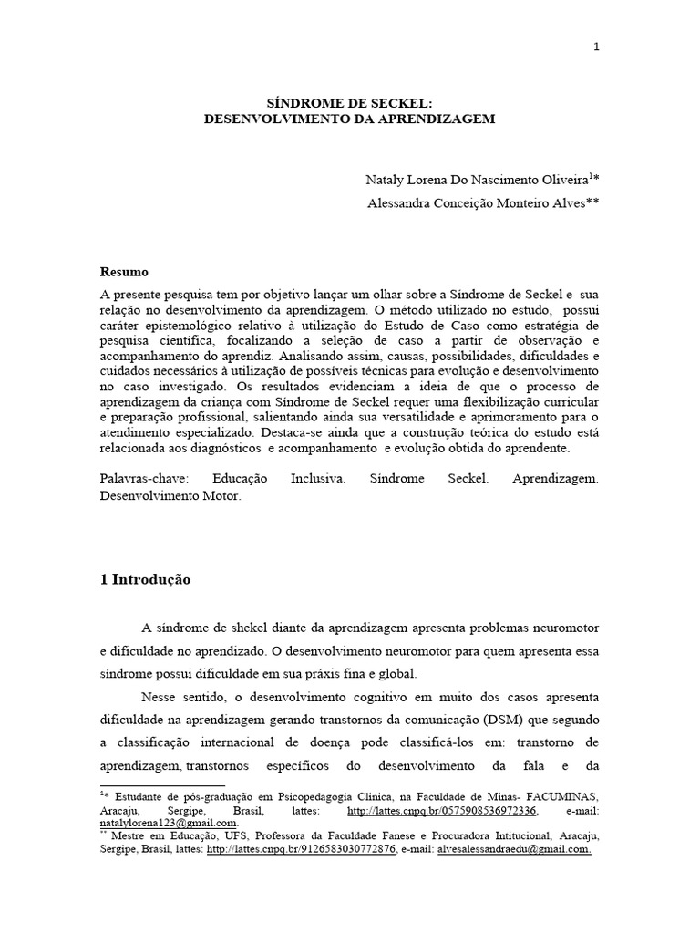 Síndrome de Seckel e Aprendizagem Inclusiva | PDF | Aprendizado ...
