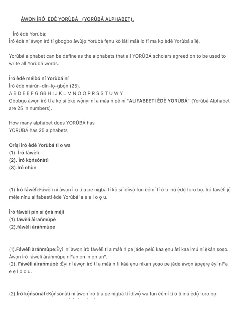 Àwon Ìró Èdè Yorùbá (Yorùbá Alphabet) . | PDF