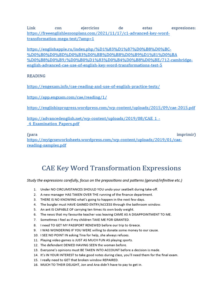 CAE Key Word Transformation Expressions | PDF