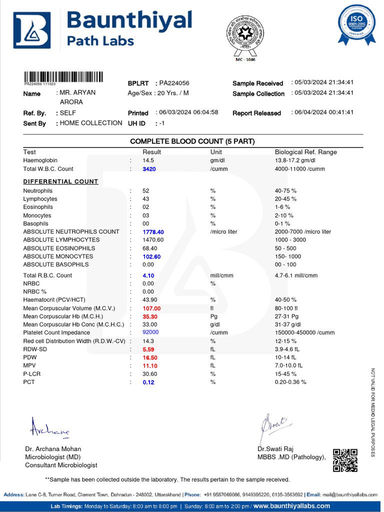 Report of Aryan Arora | PDF | Blood Cell | Anemia Report of Aryan Arora | PDF | Blood Cell | Anemia