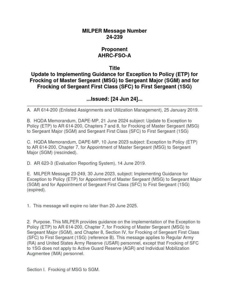 MILPER 24-239 1SG and SGM Frocking 21 June 2024 | PDF | Military ...