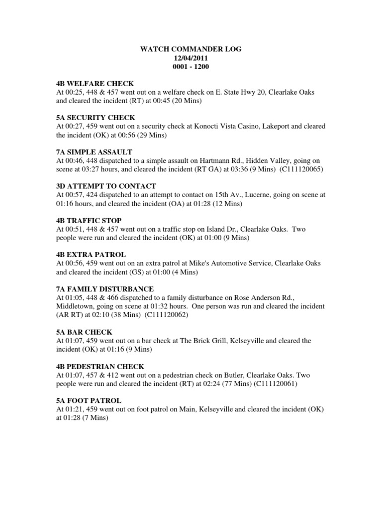 Lake County Sheriff's Watch Commander Logs | PDF | Traffic Stop ...