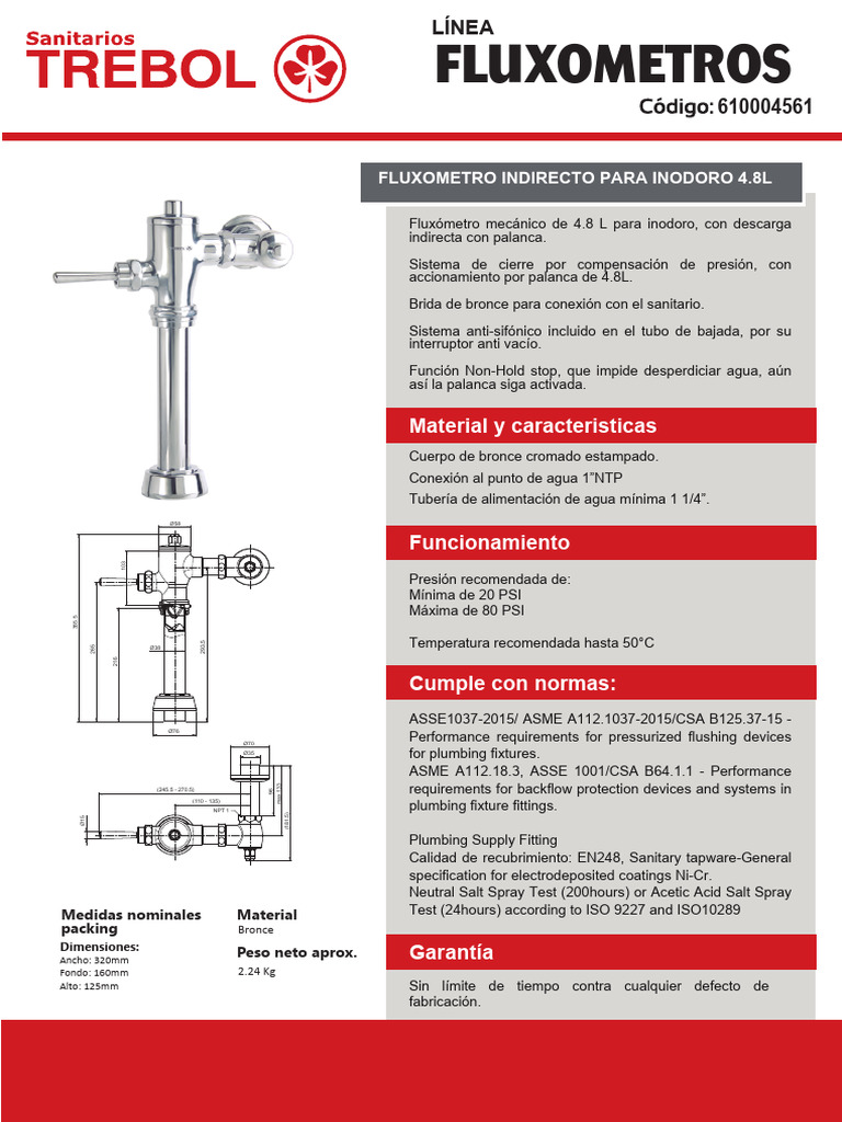 Ficha Tecnica Fluxometros Wc y Urinal Trebol | Descargar gratis PDF ...