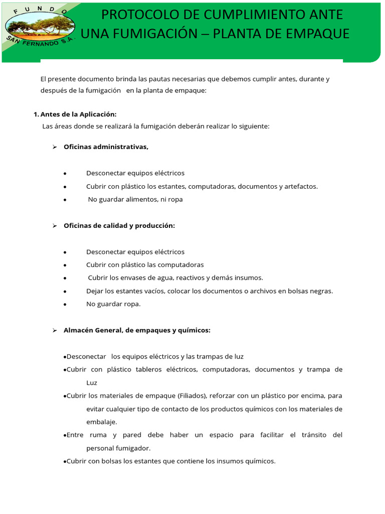 PROTOCOLO DE FUMIGACIÓN | Descargar gratis PDF | Agua | Detergente
