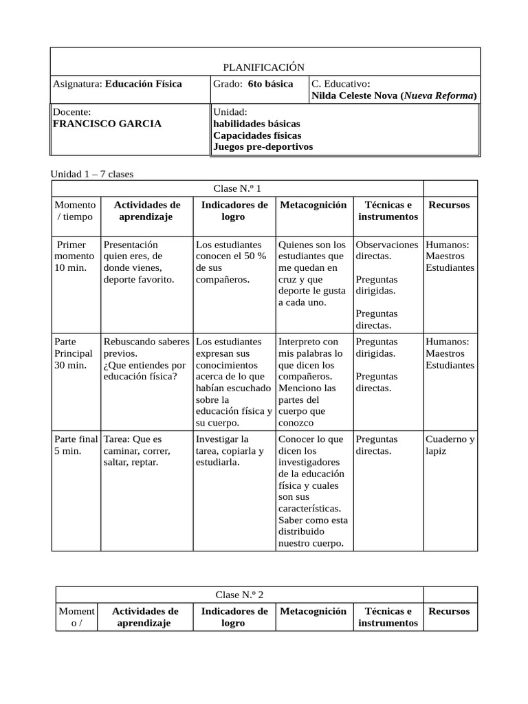 Planificacion de Educacion Fisica Basica 6to | PDF | Metacognición | Aprendizaje