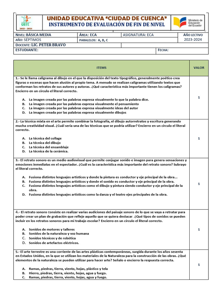 Septimo Banco de Preguntas Eca | PDF | Dibujo | Estética