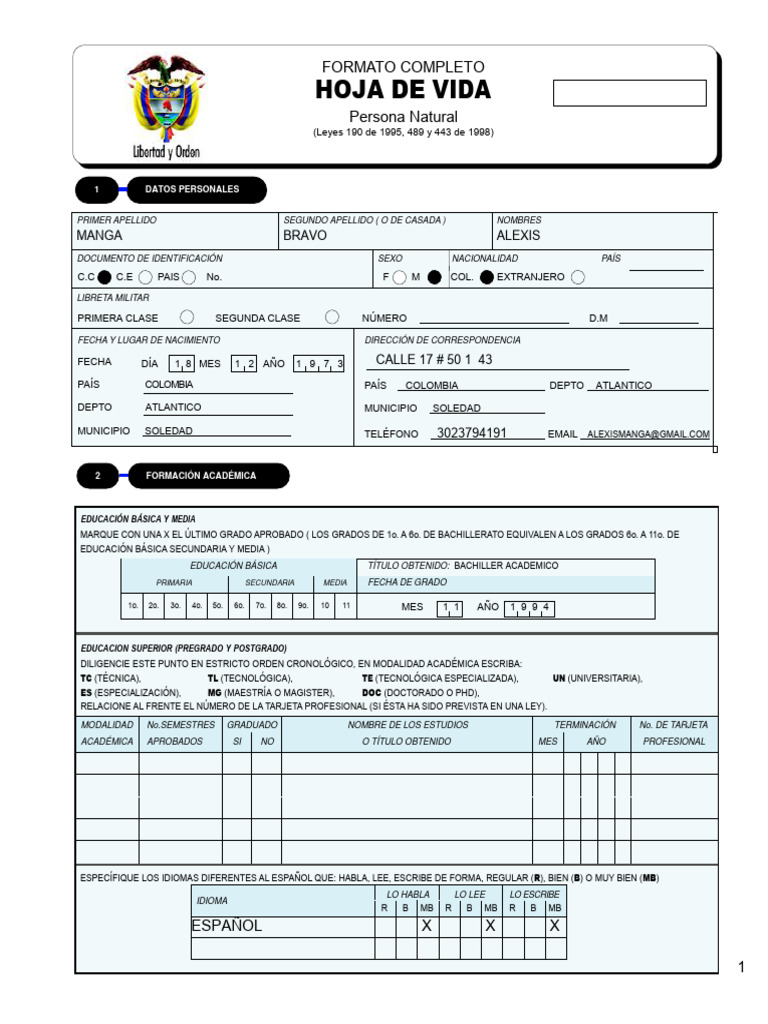 Formato Unico De Hoja De Vida Dafp Tolima Pdf Empleo