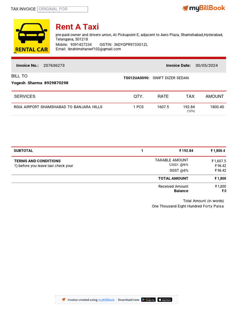 Taxi Invoice Formate | PDF