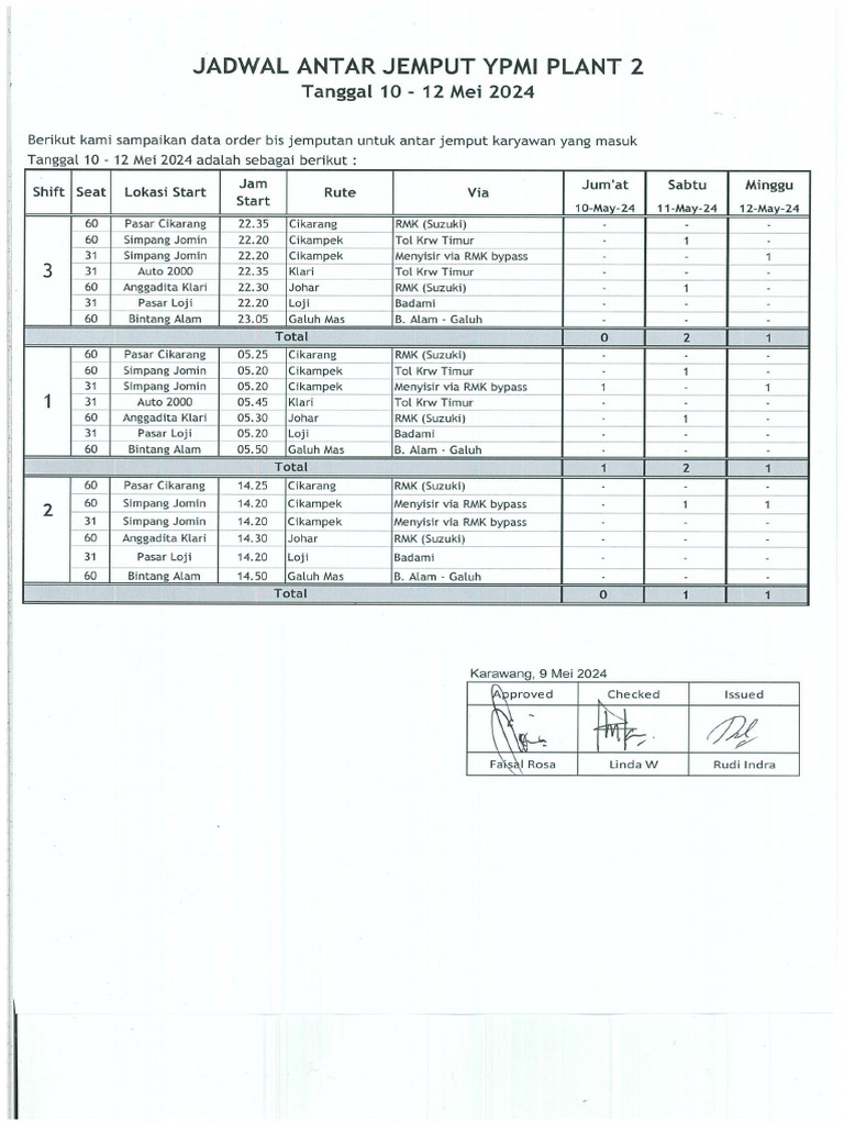 Jadwal Bus Tanggal 10 - 12 Mei 2024 Plant 2 | PDF