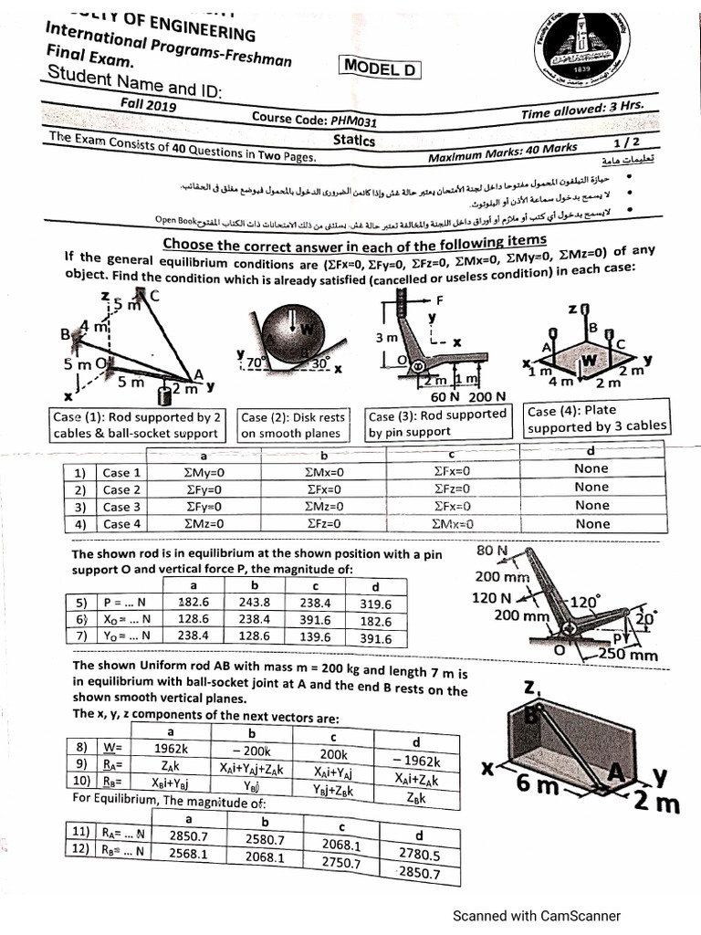 Statics Final Exam Fall 2019 | PDF
