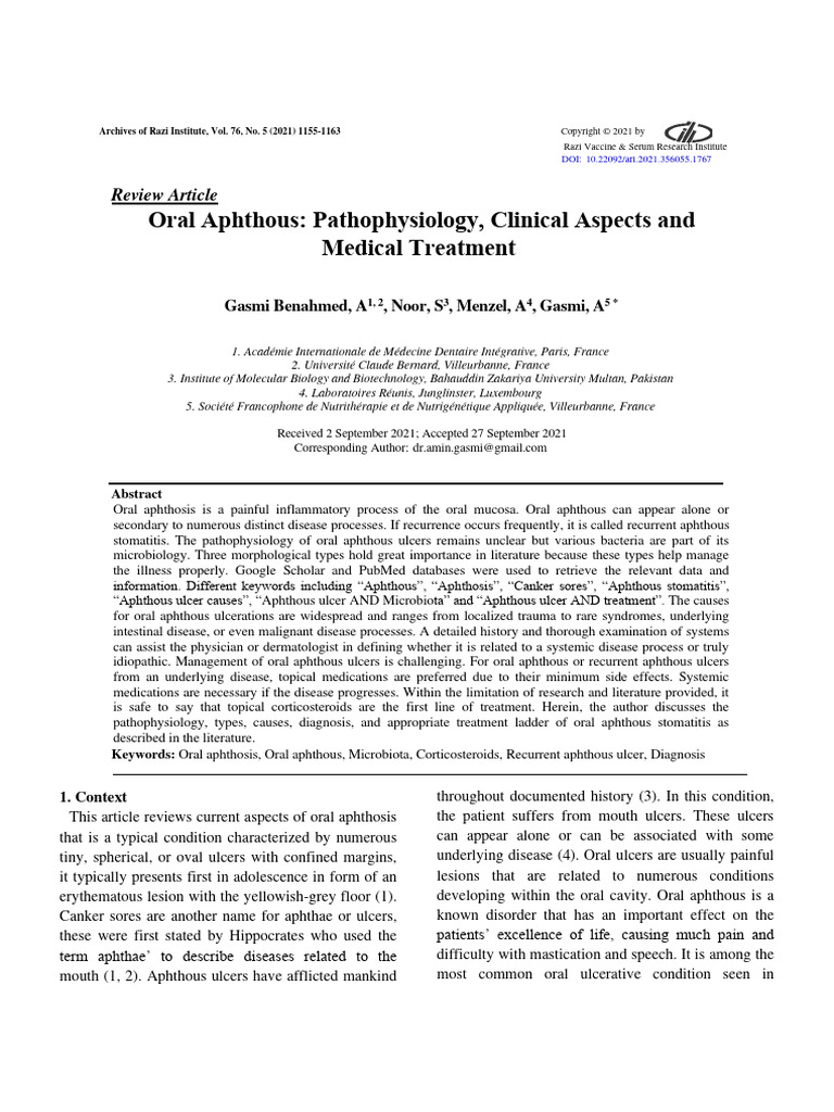 Oral Aphthous Pathophysiology, Clinical Aspects and | PDF | Medical ...
