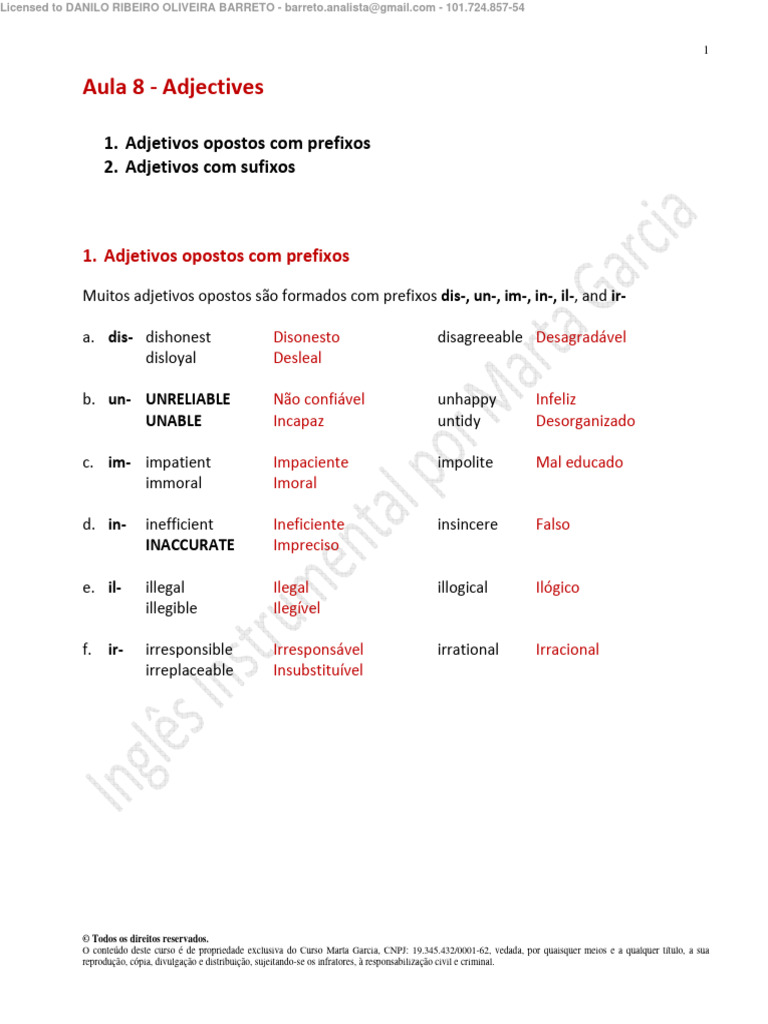 Aula 8 - Adjetivos | PDF