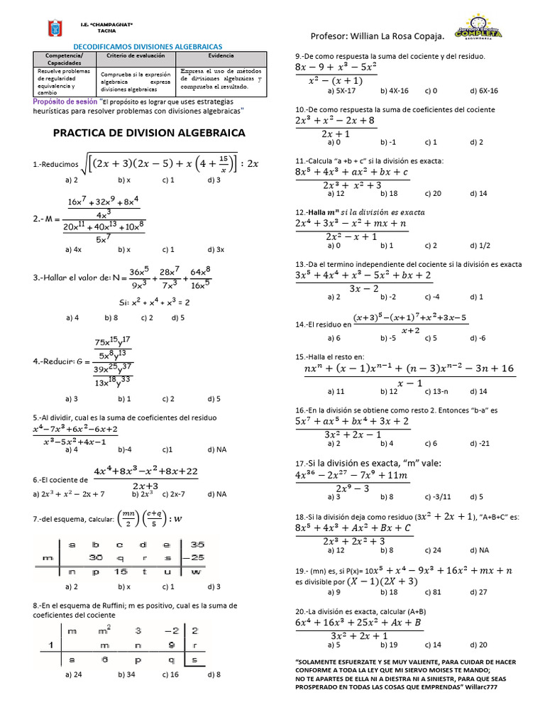 Divisiones Algebraicas: Ejercicios y Soluciones | PDF | Matemáticas ...