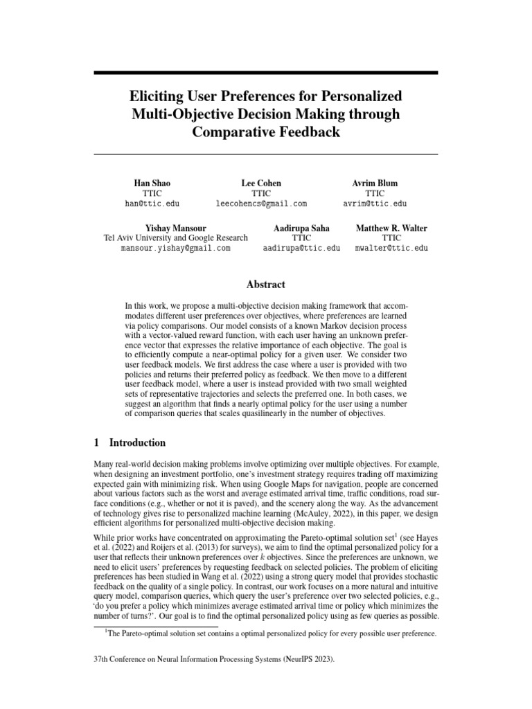 NeurIPS 2023 Eliciting User Preferences For Personalized Multi Objective Decision Making Through ...