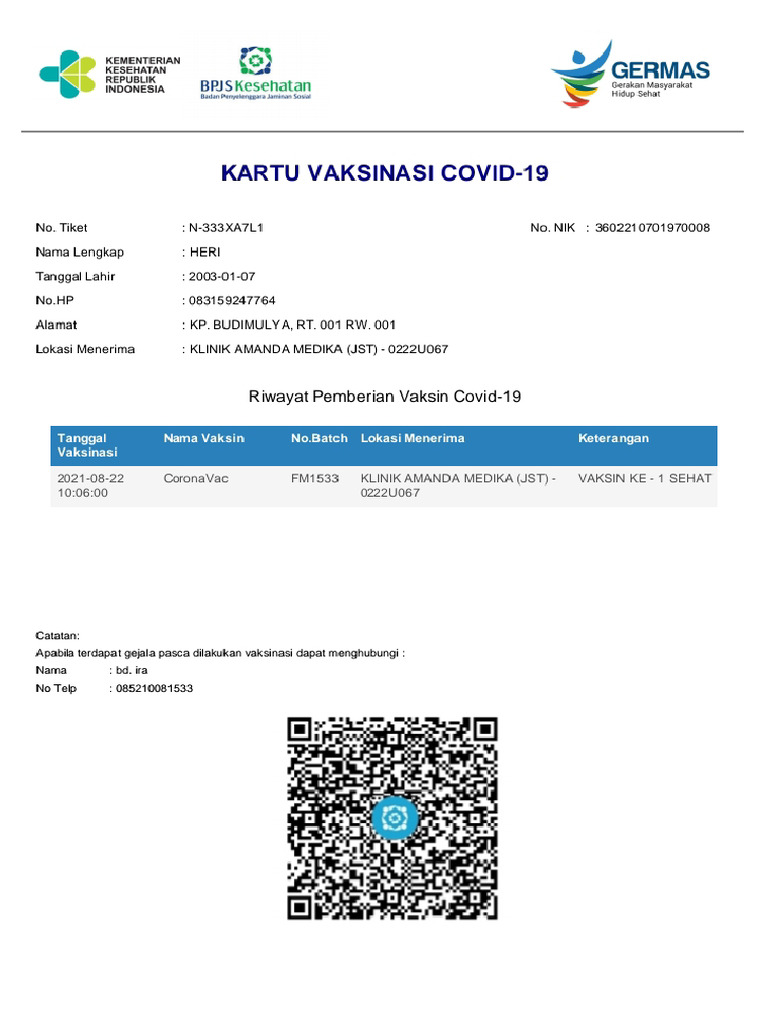 Sertifikat Vaksin Dosis 1 Heri 266 | PDF