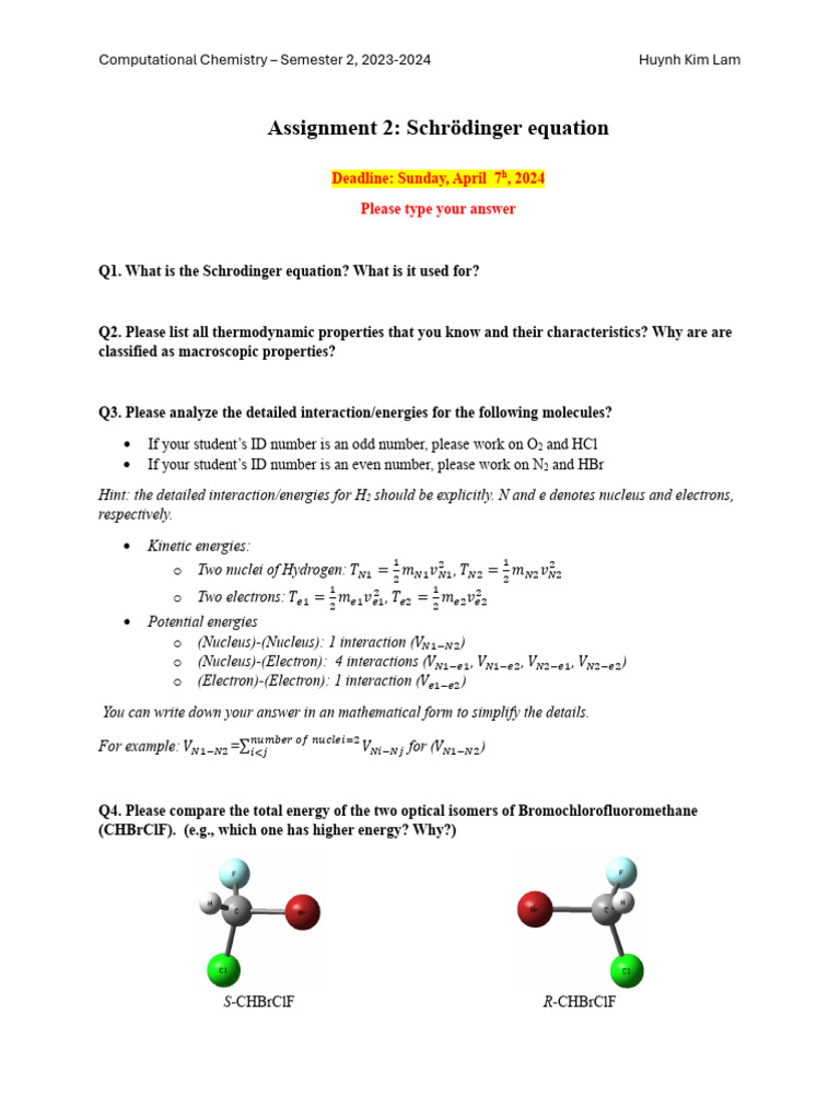 Schrödinger Equation Assignment Guide | PDF | Teaching Methods & Materials | Science & Mathematics