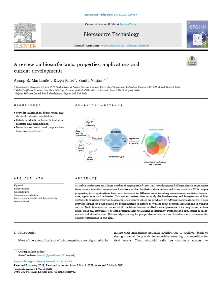 A Review On Biosurfactants Properties, Applications and Current Developments | PDF | Surfactant ...