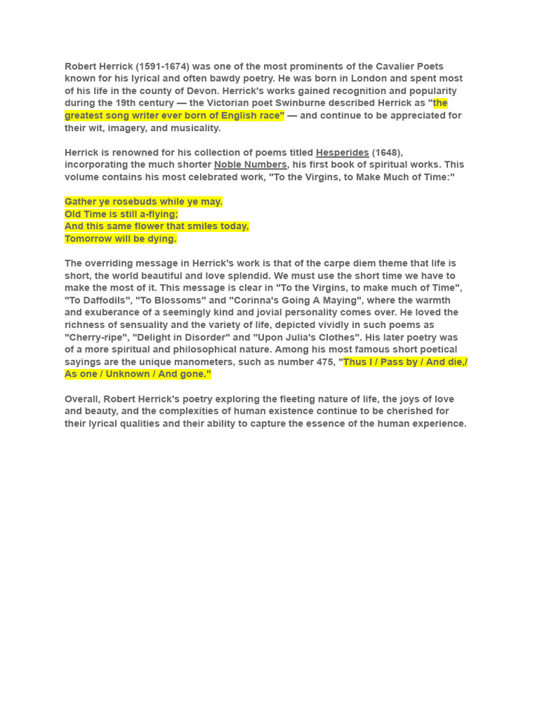 Robert Herrick: Master of Carpe Diem Poetry | PDF