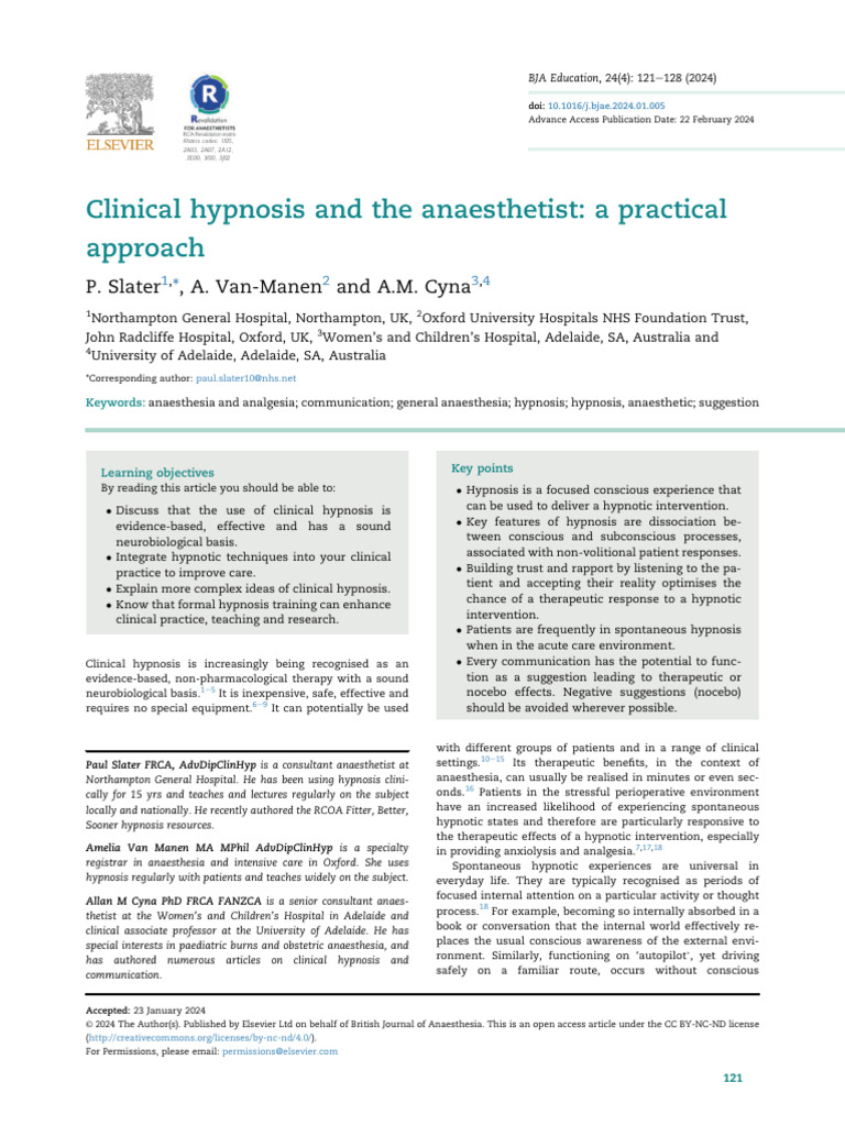 Hypnosis Techniques for Anaesthetists | PDF | Hypnosis | Anesthesia