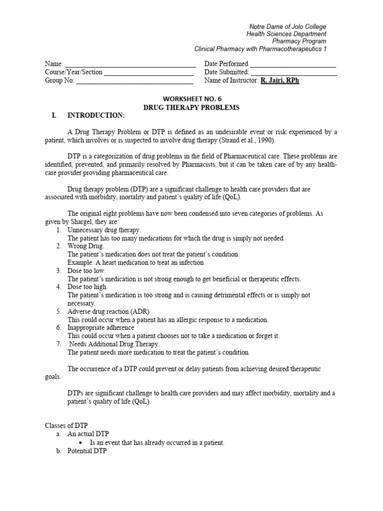 Worksheet No. 6 Clinical PH | PDF | Pharmacy | Pharmacist