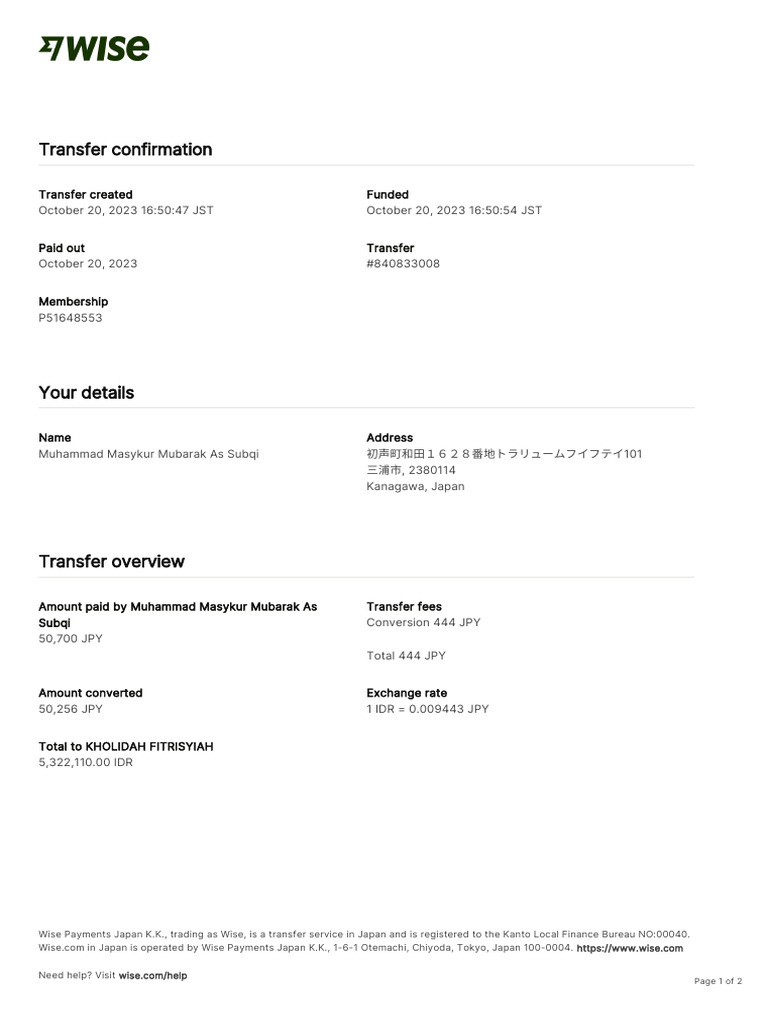 Wise Transaction Invoice Transfer 840833008 1846780493 en | PDF ...