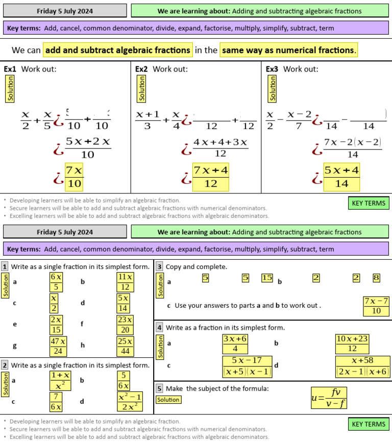 Algebraic Fractions Year 8 | PDF | Mathematical Concepts | Division ...