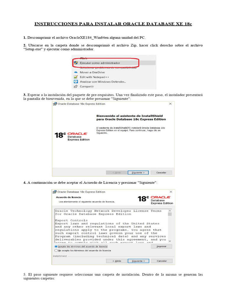 Instrucciones para Instalar Oracle Database Xe 18c | PDF | Bases de datos | Software