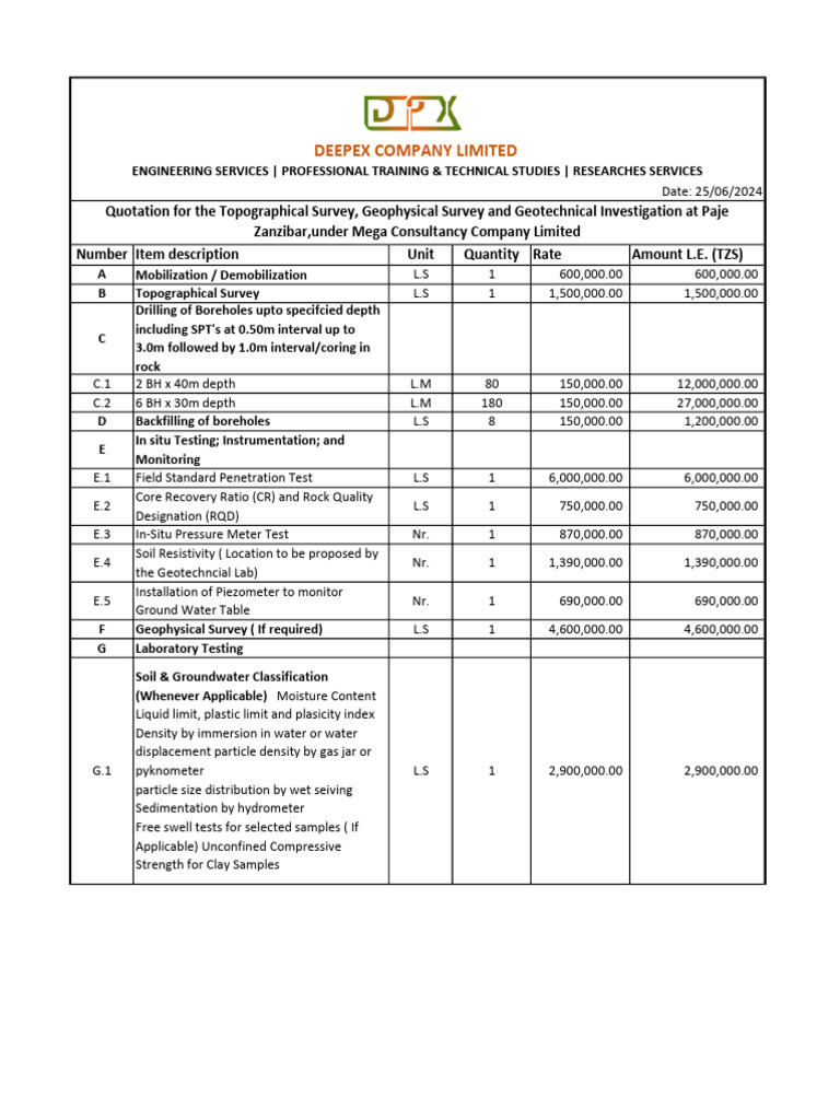 Quotation For The Geotechncial Investigation at Paje-1 | PDF ...