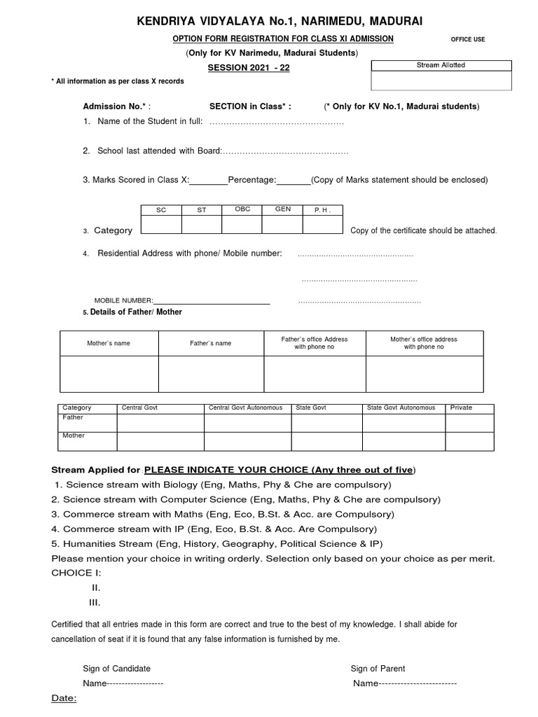 Class XI Admission Form KV Madurai | PDF
