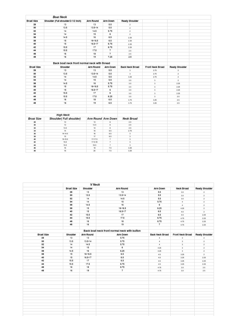 Boat Neck and V Neck Size Chart | PDF