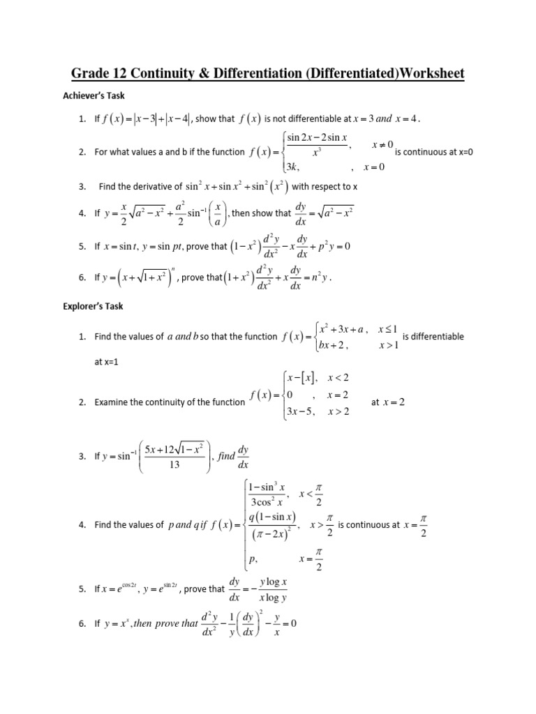 Continuity Differentiation 12 AES WS | PDF | Subtraction | Calculus