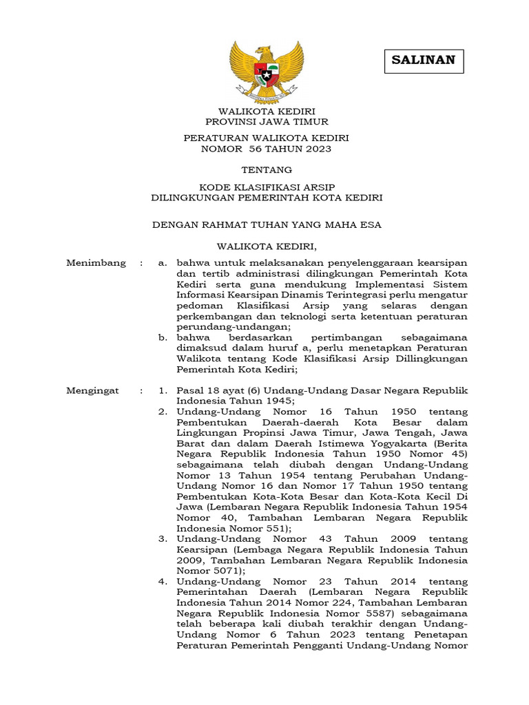Perwali Kota Kediri No 56 Tahun 2023 | PDF