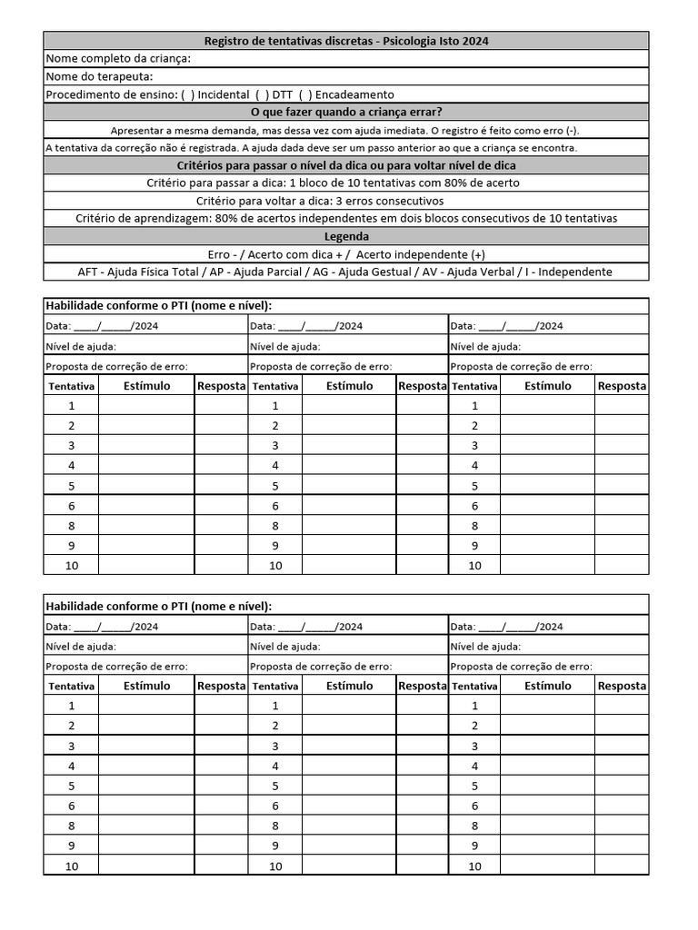 Nova Folha de Registro de Tentativas Discretas - Psicologia Isto 2024 ...