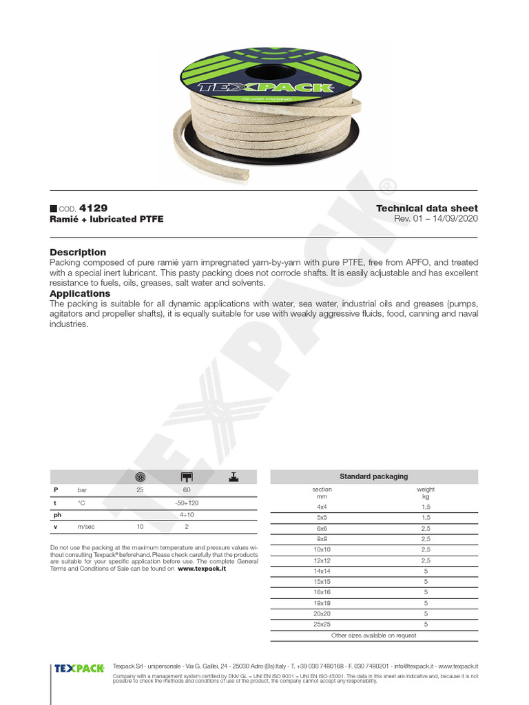 4129_RAMIE_PTFE_LUBRIFICATO_TECHNICAL_DATA_SHEET_EN | PDF