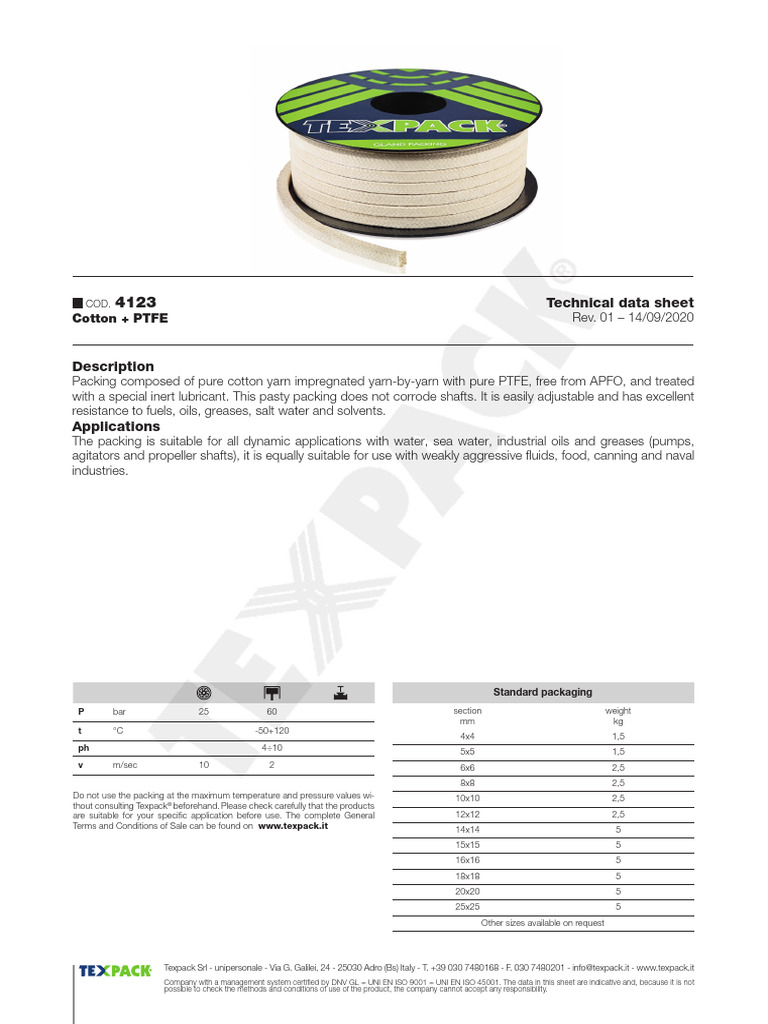 4123 Cotone Ptfe Technical Data Sheet en | PDF | Water