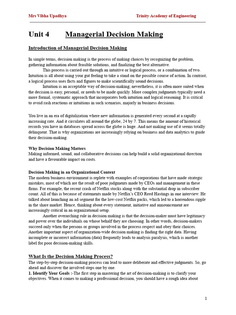 Unit 4 Managerial Decision Making | PDF | Business Intelligence | Decision Support System