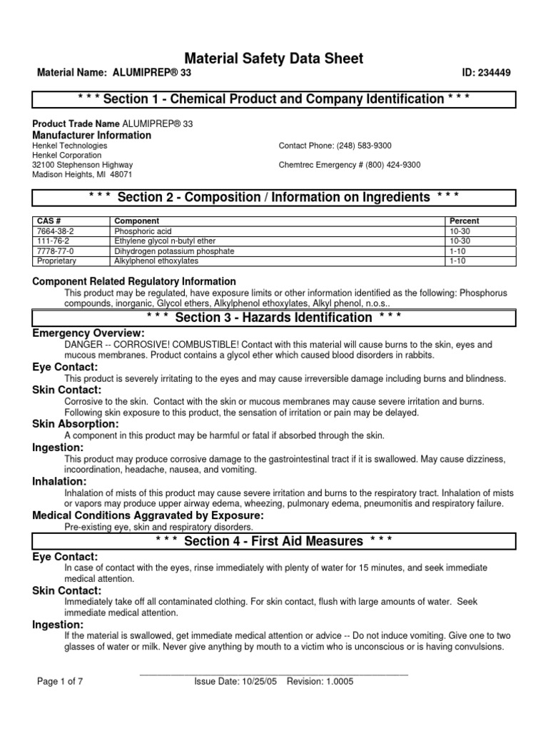 Alumiprep 33, MSDS | PDF | Personal Protective Equipment | Superfund