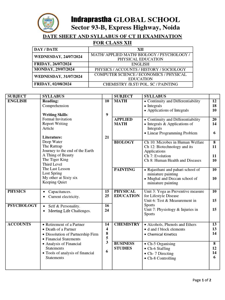 CT 2 Datesheet & Syllabus Class Xii | PDF | Liberal Arts Education