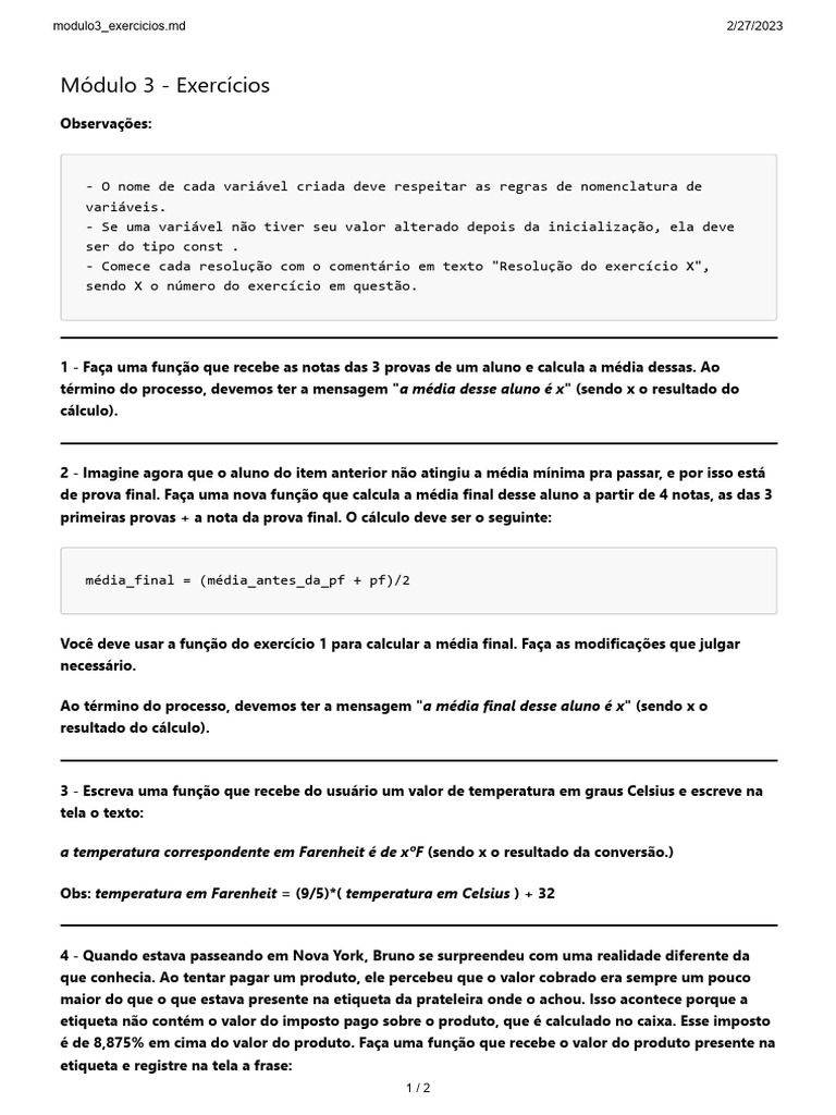 Exercícios de Programação em JavaScript | PDF