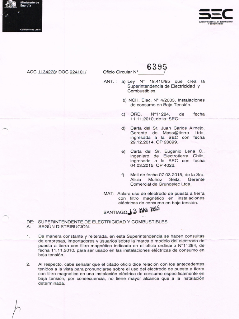 Anexo Oficio Circular SEC 6395 - Electrodo - Mag | PDF