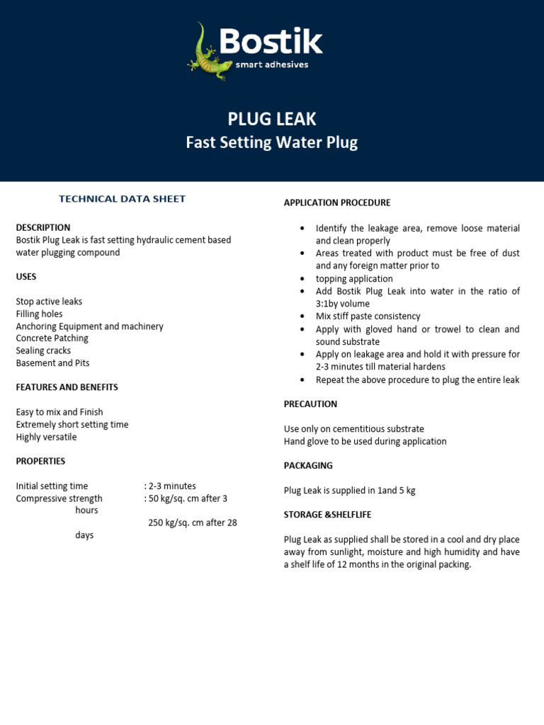 Bostik Plug Leak Technical Data Sheet | PDF | Leak | Cement