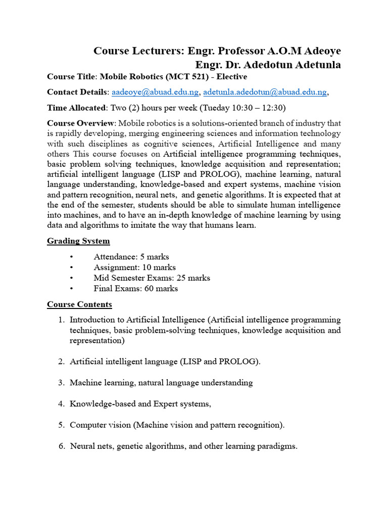 Mobile Robotics Course Overview | PDF
